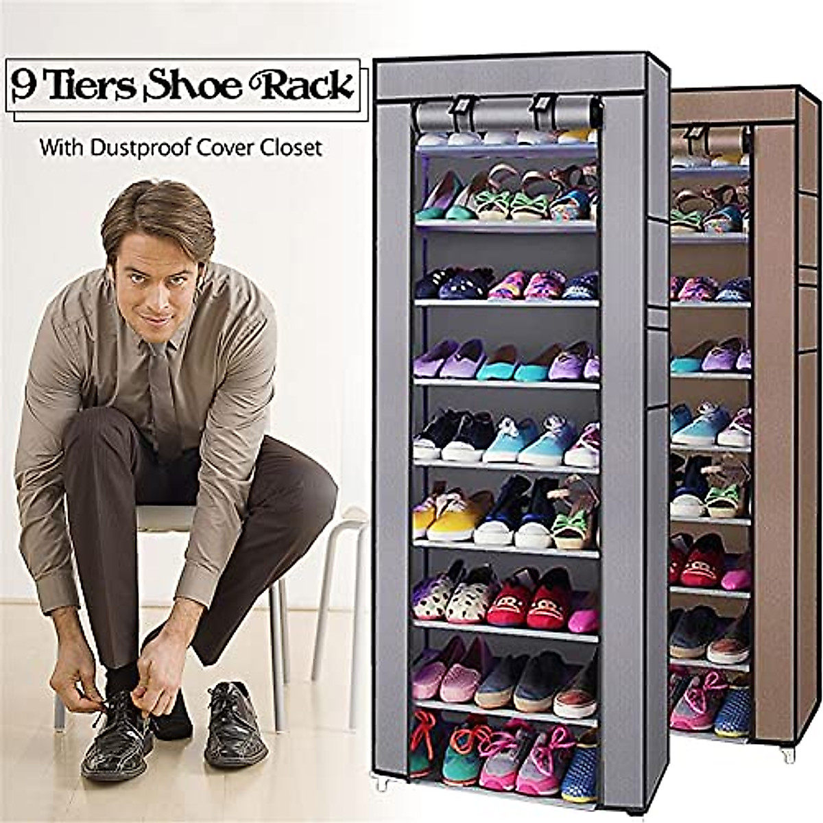 Mekek Free Standing Shoe Racks, Shoe Rack Organizer 9 Tier - Portable Row Shoe Rack Shelf Cabinet Tower for Closet with Nonwoven Fabric Cover (Gray)