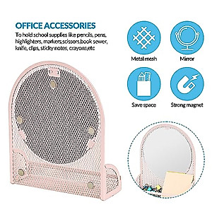 LUCYCAZ Magnetic Locker Accessories, Pink Magnetic Mirror with 2 Magnetic Pen Holder for Girls, Locker organizer for School, Home and Office. Back to School Essentials