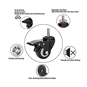 2" Stem Caster Wheels with Safety Dual Locking 600Lbs Heavy Duty Threaded Stem Casters No Noise Swivel Castors with Brakes 3/8"- 16 x 1" (Set of 4)