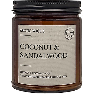 Coconut & Sandalwood Candles | Arctic Wicks Non Toxic Coconut Beeswax Candles | Natural Coconut Beeswax 9oz Amber Jar | Candles Wax Non-Toxic Clean Burn 100% USDA Certified Biobased