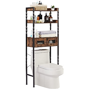 VECELO Over The Toilet Storage Rack with Cabinet, 3 Tier Bathroom Space Saver Industrial Shelf, Multifunctional Freestanding Organizer Stand for Balcony, Laundry, Easy Assembly, Vintage Brown