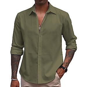 COOFANDY Men's Linen Button Down Long Sleeve Shirts Casual Summer Solid Oxford Dress Shirt ArmyGreen