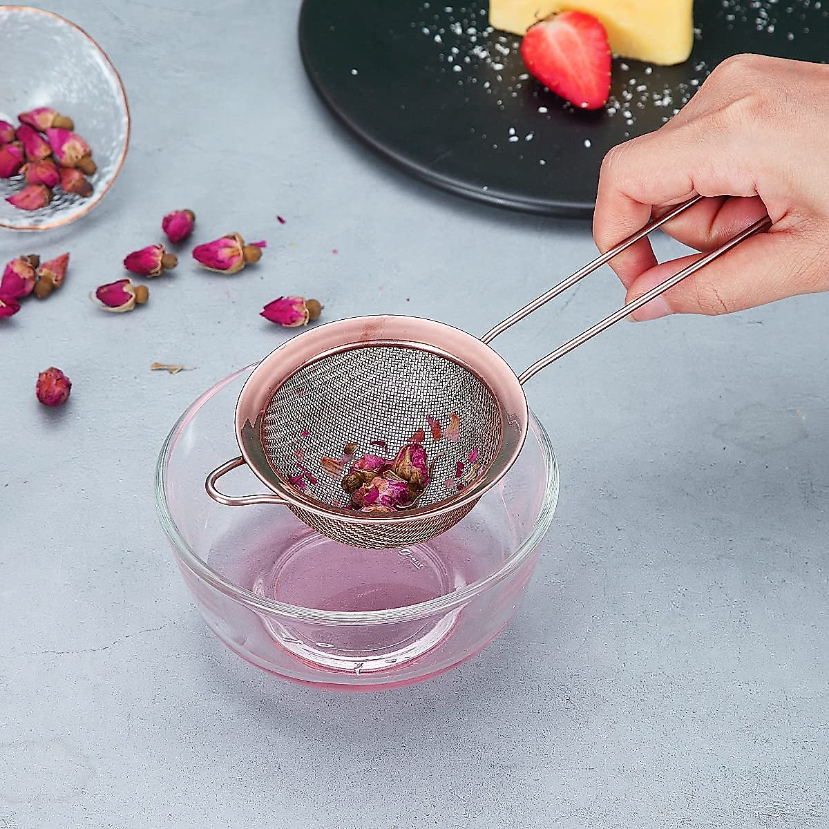 Copper Fine Mesh Strainer 3 Pieces Set, Rose Gold Flour Sifter For Baking, Stainless Steel Clander, Copper Matcha Tea Strainer, Gravy Separator, Stasher Sieve Pasta Strainers