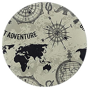 Round Area Rug Vintage Globe, Compass, World Map and Wind Rose Rug Non-Slip Backing for Living Room Bedroom Study Children Playroom Modern Art Home Decor 5.2'