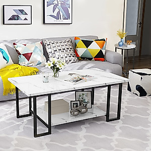 AWQM Coffee Table Set of 3, Faux Marble Coffee Table with 2 Round End Side Tables, Modern Living Room Table Set with Metal Frame for Apartment Home Office, White Black