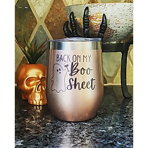 Back on my boo sheet wine tumbler. Stainless steel rose gold wine tumbler. Sublimation tumbler. Dishwasher safe. Halloween tumbler. Fall wine. Steel Straw included!