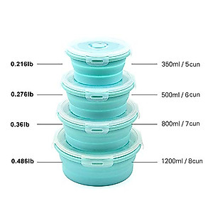 Collapsible Bowls, GLE2016 Silicone Collapsible Food Storage Containers with Lids for Camping, Round Silicone Lunch Containers, Microwave, Dishwasher and Freezer Safe (4, Blue)