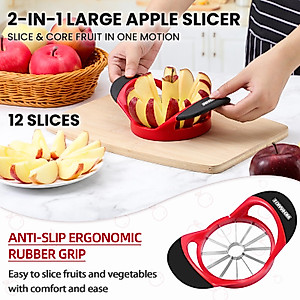 SCHVUBENR 4.72 Inch Large Apple Slicer with 12 Blades - Professional Apple Cutter - Stainless Steel Apple Corer - Sharp Apple Slicer and Corer - Apple Corer Tool - Dishwasher Safe(Red)