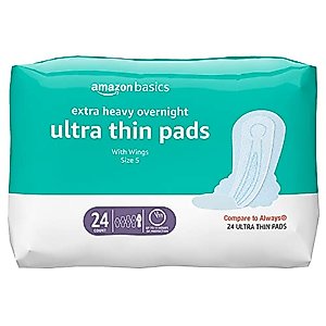 Amazon Basics Ultra Thin Pads with Flexi-Wings for Periods, Extra Heavy Overnight Absorbency, Unscented, Size 5, 24 Count, 1 Pack (Previously Solimo)