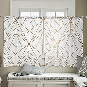 Singingin Chiffon Backdrop Curtain, Gold Yellow Line Geometric Patterned Soft Lightweight Window Drapes Rod Pocket Curtains for Bedroom Living Room Home Office Decor 52 x 45 Inch, 2 Panels