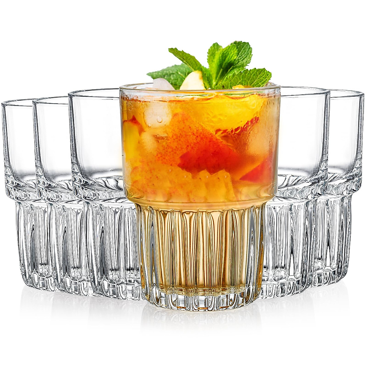 DEAYOU 6 Pack Drinking Glasses Set, 12 OZ Clear Striped Iced Tea Water Glass Cup, Stackable Rocks Glasses, Thick Tempered Glass Tumbler with Heavy Base for Juice, Milk, Cocktail, Spirits, Daily Use