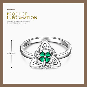 St Patricks Day Shamrock Ring Clover Ring for Women Sterling Silver Clover Rings Green Irish Lucky Friendship Leaf Celtic Knot Cubic Zirconia Triangle Jewelry Size 8