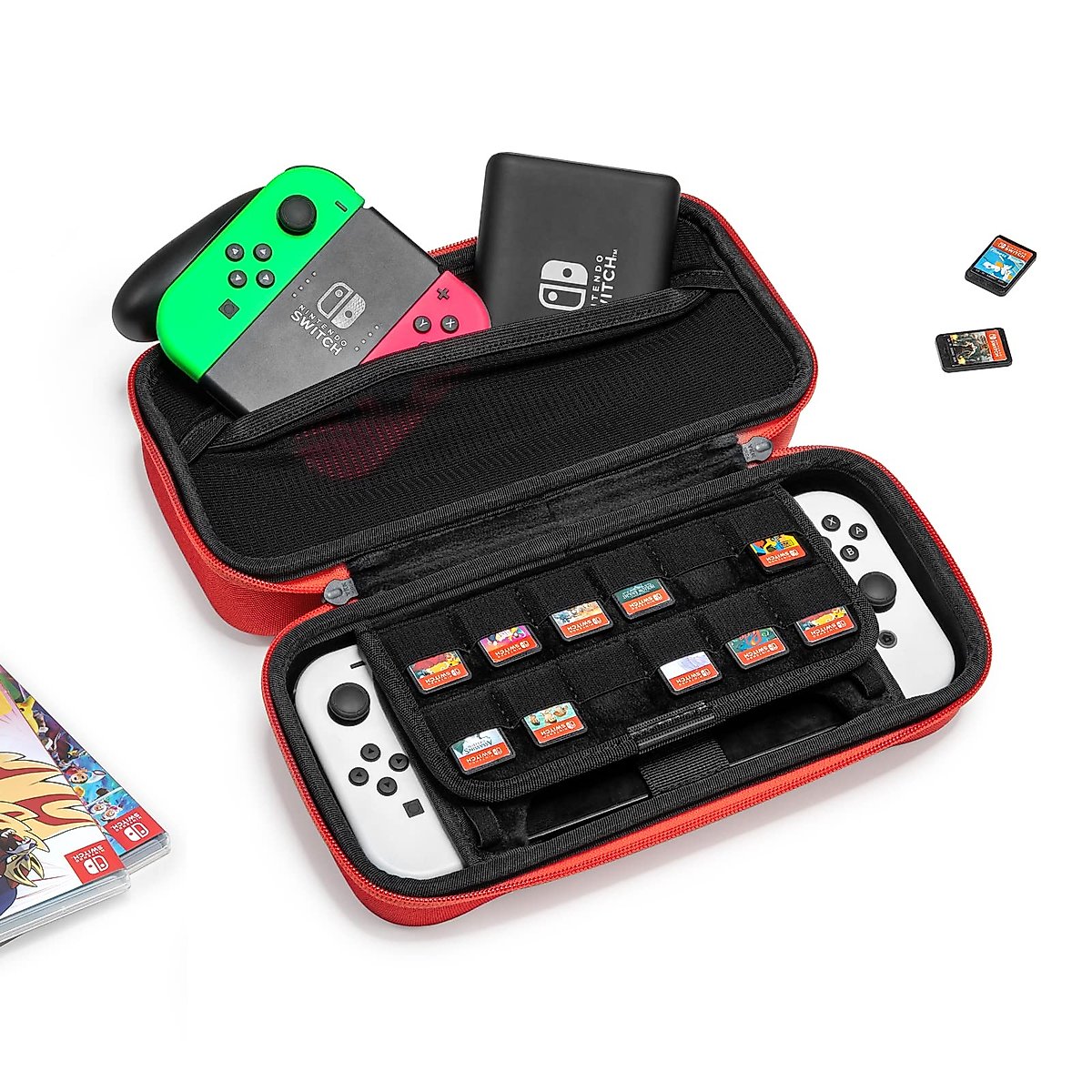 tomtoc Carrying Case for Nintendo SwitchOLED Model, Large Travel Switch Case with Pocket for Pro Controller, Joycon Grip or AC Adapter, Protective Portable Carry Case with 24 Game Cartridges,