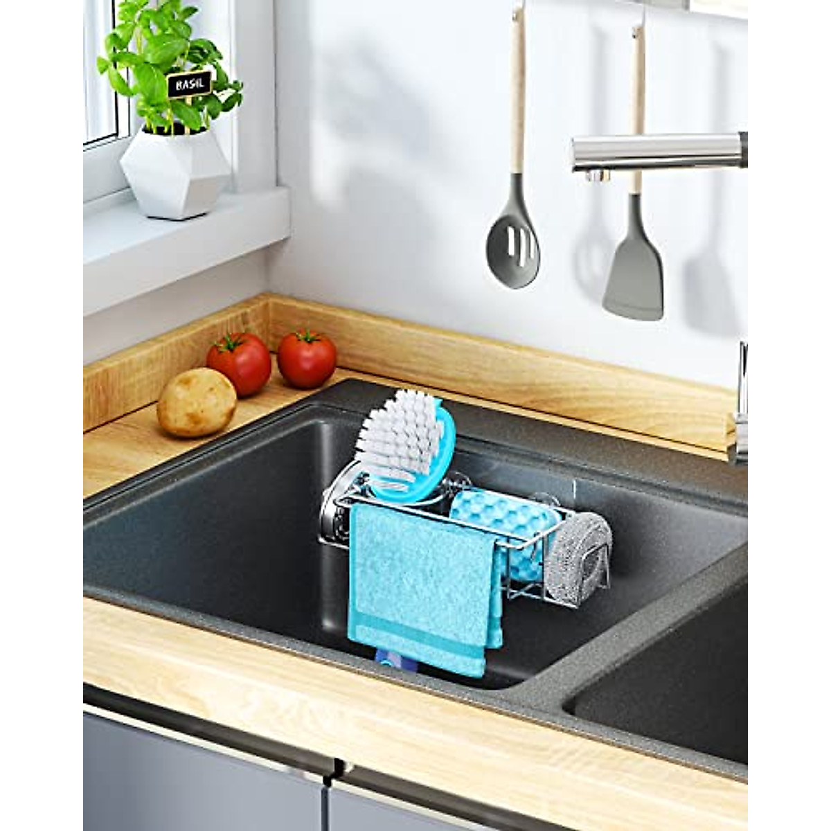 SWTYMIKI 5 in 1 Sponge Holder for Kitchen Sink, Stainless Steel Sink Caddy with Dishcloth Holder for Brush & Sponge in Sink Sponge Caddy with 2 Strong Adhesives in Silver