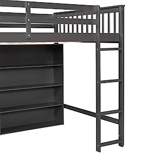 SOFTSEA Full Size Loft Bed with Storage, Solid Wood Loft Bed with Open Storage Shelves, Multi-Functional Loft Bed Frame with Ladder for Kids Boys Girls Teens, Gray