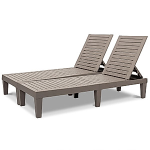 VINGLI Outdoor Chaise Lounge Set of 2, Wood Texture Design with 5-Level Adjustable Backrest, Waterproof Durable Folding Chair, PP Material Patio Chair for Beach, Backyard, Pool, Gray-Brown …