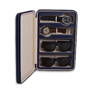 Bey-Berk Custom Personalized Navy Blue GENUINE LEATHER two watches and two sunglasses/eyeglasses travel case with form fitting compartments