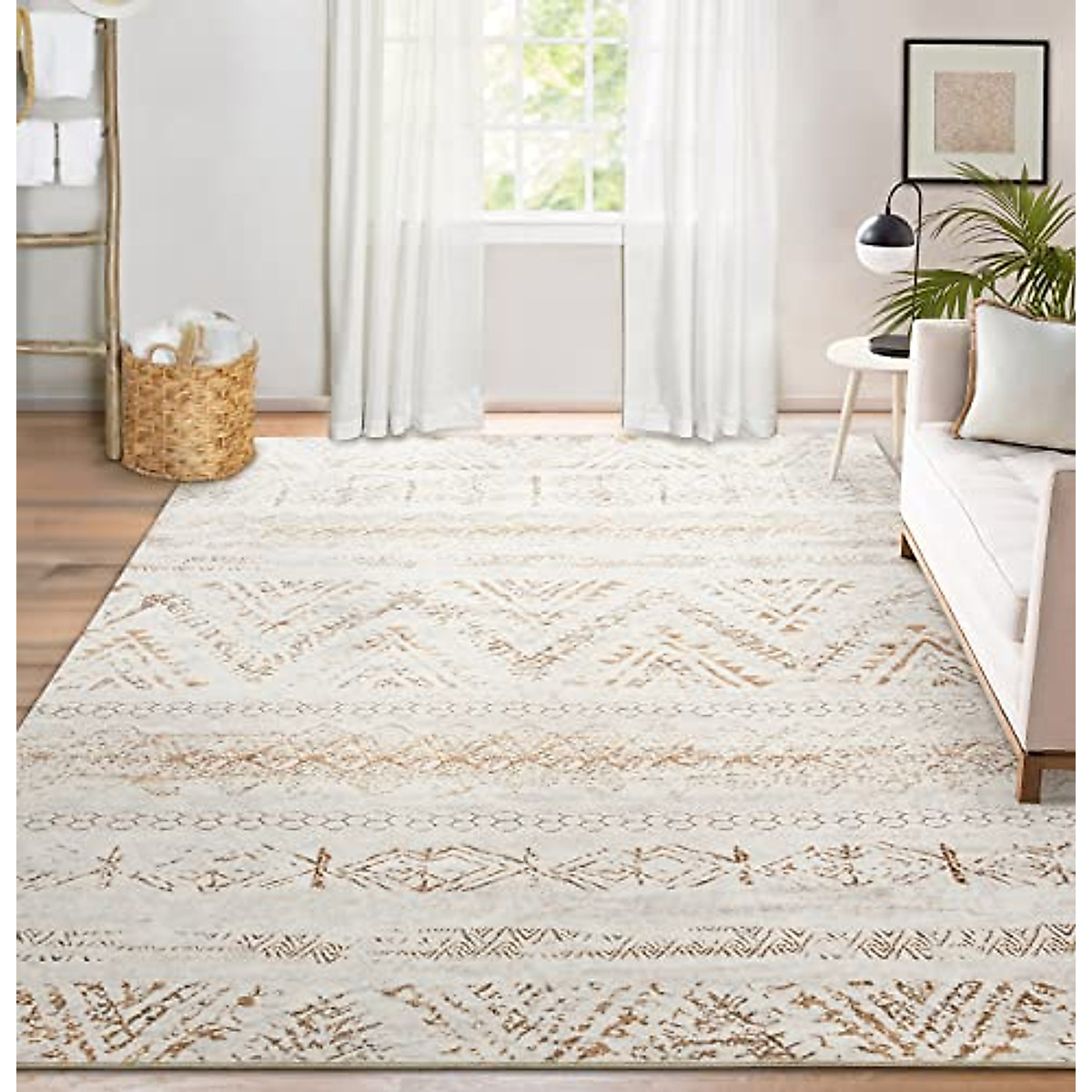 Area Rug Living Room Carpet: 5x7 Large Moroccan Soft Fluffy Geometric Washable Bedroom Rugs Dining Room Home Office Nursery Low Pile Decor Under Kitchen Table Light Brown/Ivory