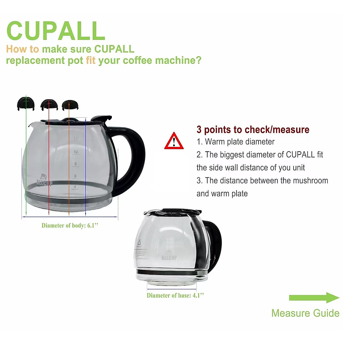 12-CUP Glass Replacement Coffee Carafe Compatible with Mr. Coffee, Black & Decker, Cuisinart and More, Black Close Handle