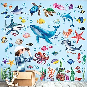 DECOWALL DS12-8078 Sea Animals Wall Stickers Decals Baby Boys Bedroom Fish décor Living Kids Nursery Ocean playroom Removable Room Seaweed Under Watercolor