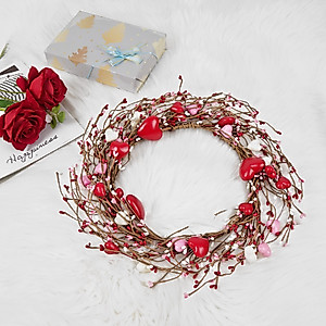 Mothers Day Decorations - 18'' Front Door Wreath, Heart Shaped Wreath Red Pip Berry Rustic Twig Wooden Sign Anniversary Wedding Home Office Wall Decorations (Red)