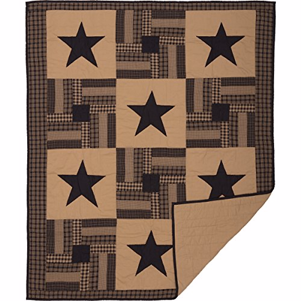 VHC Brands Check Star Cotton Primitive Decor Rod Pocket Pre-Washed Appliqued Throw, Raven Black