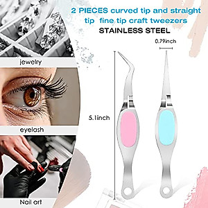 6 Pieces Craft Tweezers Crossing Lock Curved Stainless Steel Soft Grip Precision Tweezers Reverse Grip Fine Tip Tweezers for DIY Craft, Jewelry, Beading, Electronics, Laboratory Work
