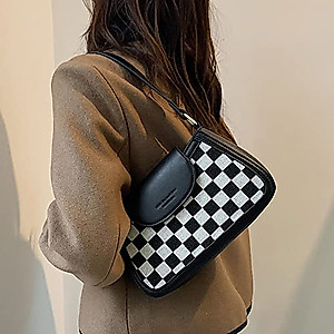 RTGGSEL Trendy Lattice Plaid Striped Saddle Crossbody Shoulder Handbags for Women Underarm Satchel Tote Clutch Purse Hobo Bag (Plaid Black)