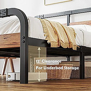 Breezehome California King Bed Frame with Rustic Wood Headboard and Footboard, 14 Inch Heavy Duty 3500lbs Steel Slat Support for Mattress, Noise-Free Platform, No Box Spring Needed