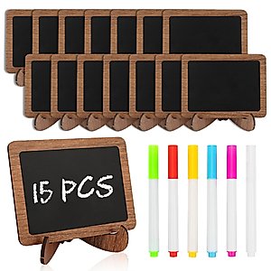 Temlum 15 Pcs Mini Chalkboard Sign with 6 Color Chalk Markers, 2.9″ x 3.9″ Wooden Blackboard Reusable Small Chalkboards for Food, Buffet, Parties, Message Boards, Table Numbers