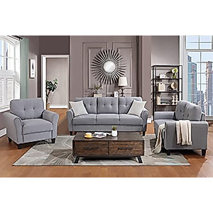 Harper & Bright Designs 3-Piece Living Room Sectional Sofa Set, Modern Style Button Tufted Linen Upholstered Armchair Loveseat Sofa and Three Seat Sofa Set Sectional Couch, Light Grey Blue