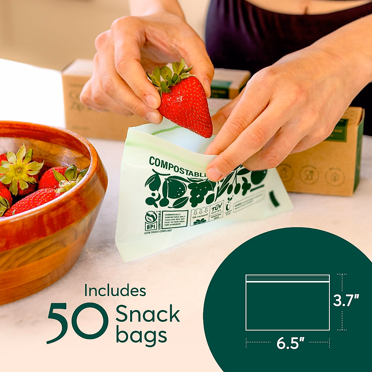 Cleanomic Compostable* Food Storage Bag Bundle – 1 Box Each of 25 Zip Quart Bags, 25 Zip Sandwich Bags, 50 Zip Snack Bags, and 25 13-Gallon Kitchen Waste Bags