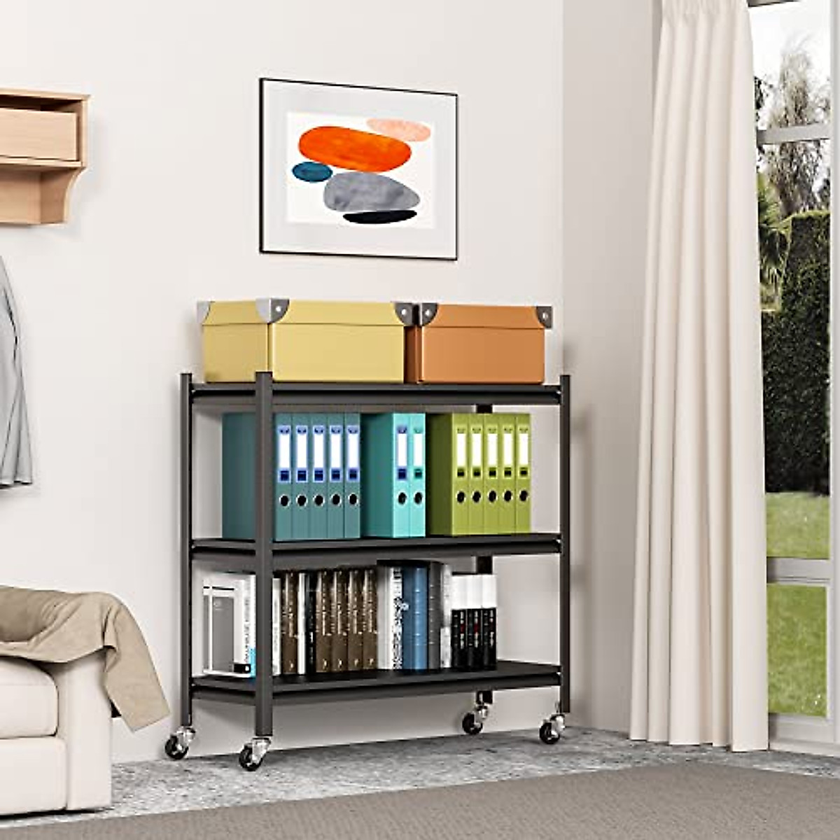LISSIMO Heavy Duty Storage Shelving with Wheels,3-Tier Metal Garage Shelves for Storage, Adjustable Shelving Unit for Commercial Warehouse Basement Storage Rack(18" D x 34" W x 31.5" H)