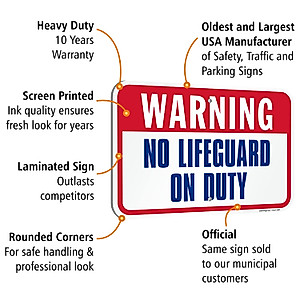 SmartSign 12 x 18 inch “Warning - No Lifeguard On Duty” Metal Sign with Symbols, 63 mil Laminated Rustproof Aluminum, Blue/Red on White