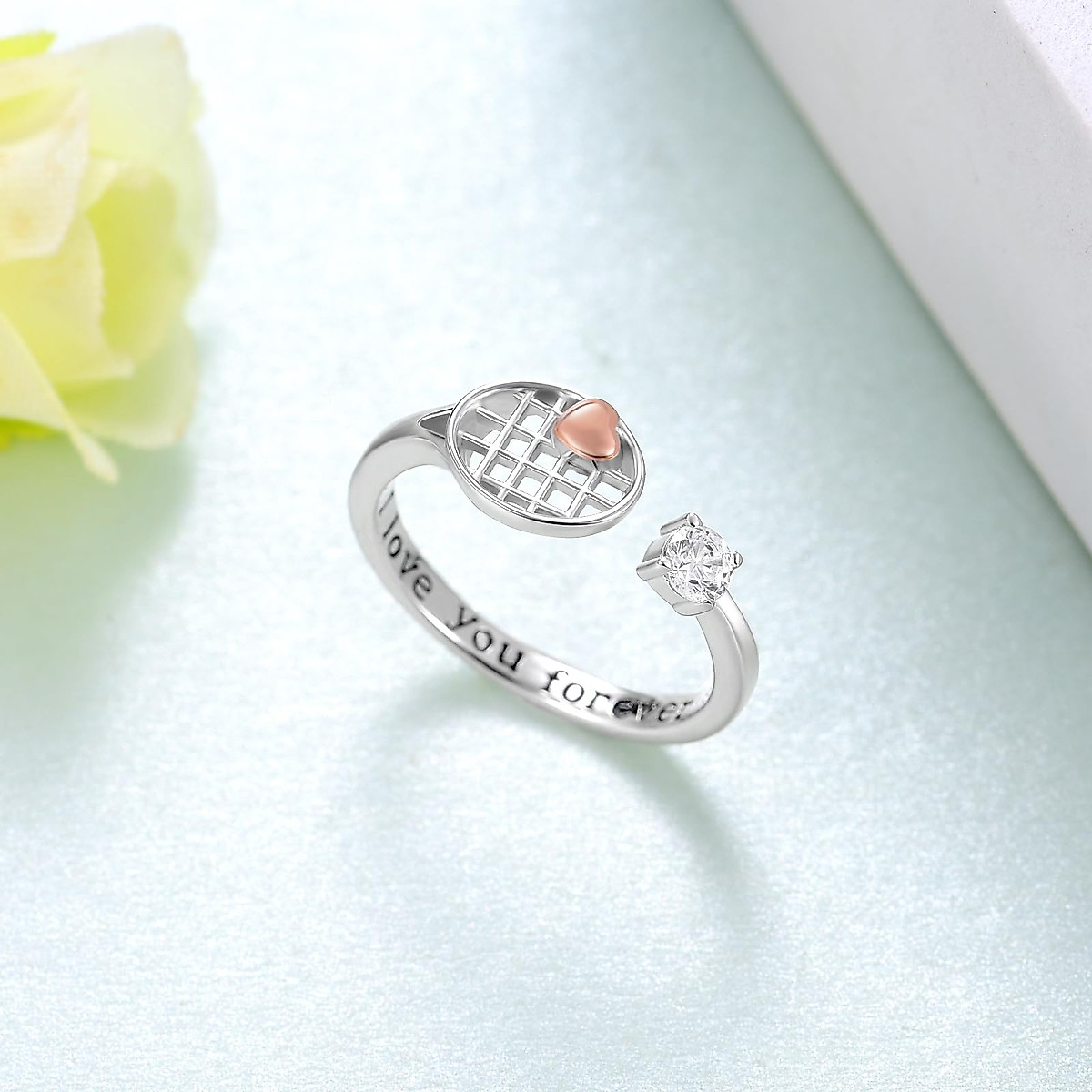 Peireara Tennis Racket Ring 925 Sterling Silver Adjustable Open Tennis Racket Ring, Engraved I Love You Forever Tennis Themed Sport Jewelry Gifts for Women Mom