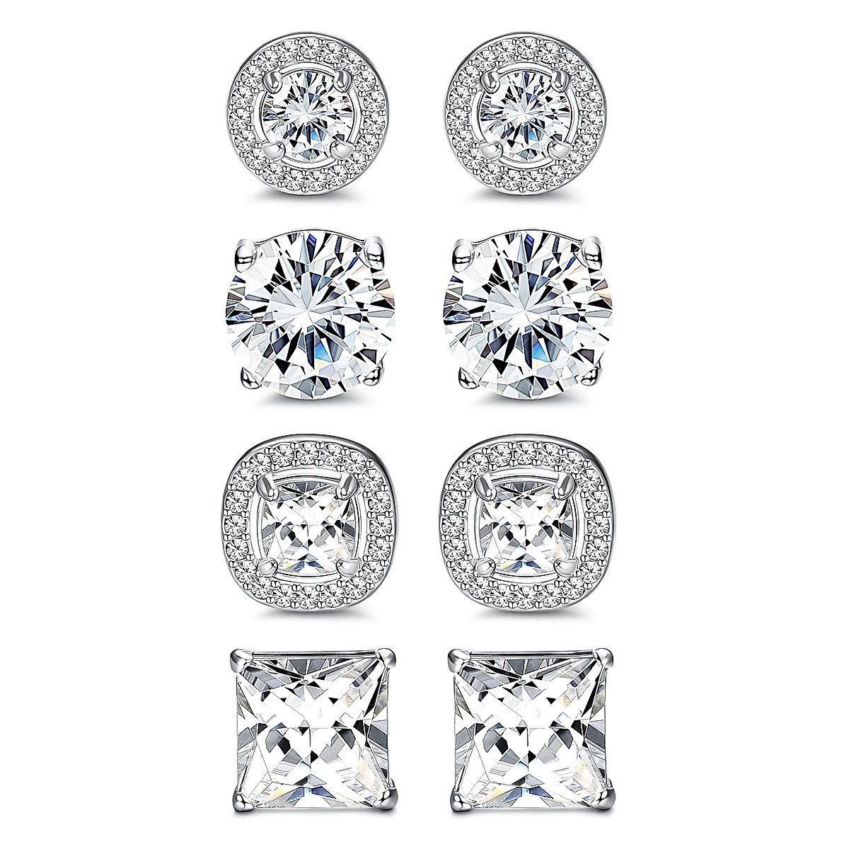 CASSIECA Cubic Zirconia Stud Earrings | 18K White Gold Hypoallergenic Birthstone Earrings | Brilliant Large Simulated Diamond Halo Stud Earrings for Women Men