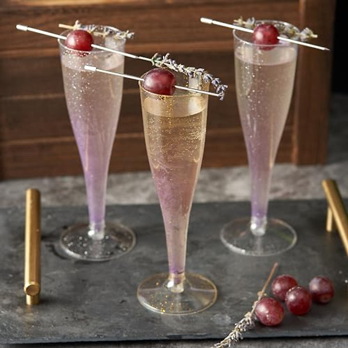 MATANA 120 Silver & Gold Glitter Plastic Champagne Flutes, 5 Oz Plastic Champagne Glasses for Parties, Clear Plastic Toasting Glasses, Mimosa Glasses, Wedding Party Cocktail Cups, Reusable | Bulk Pack