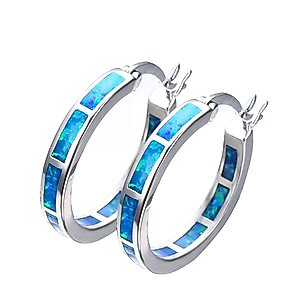 925 Sterling Silver Hoop Earring, Opal Small Hoop Earring for Women, Hypoallergenic Jewelry Cubic Zirconia Huggie Hoop Earrings Blue and White