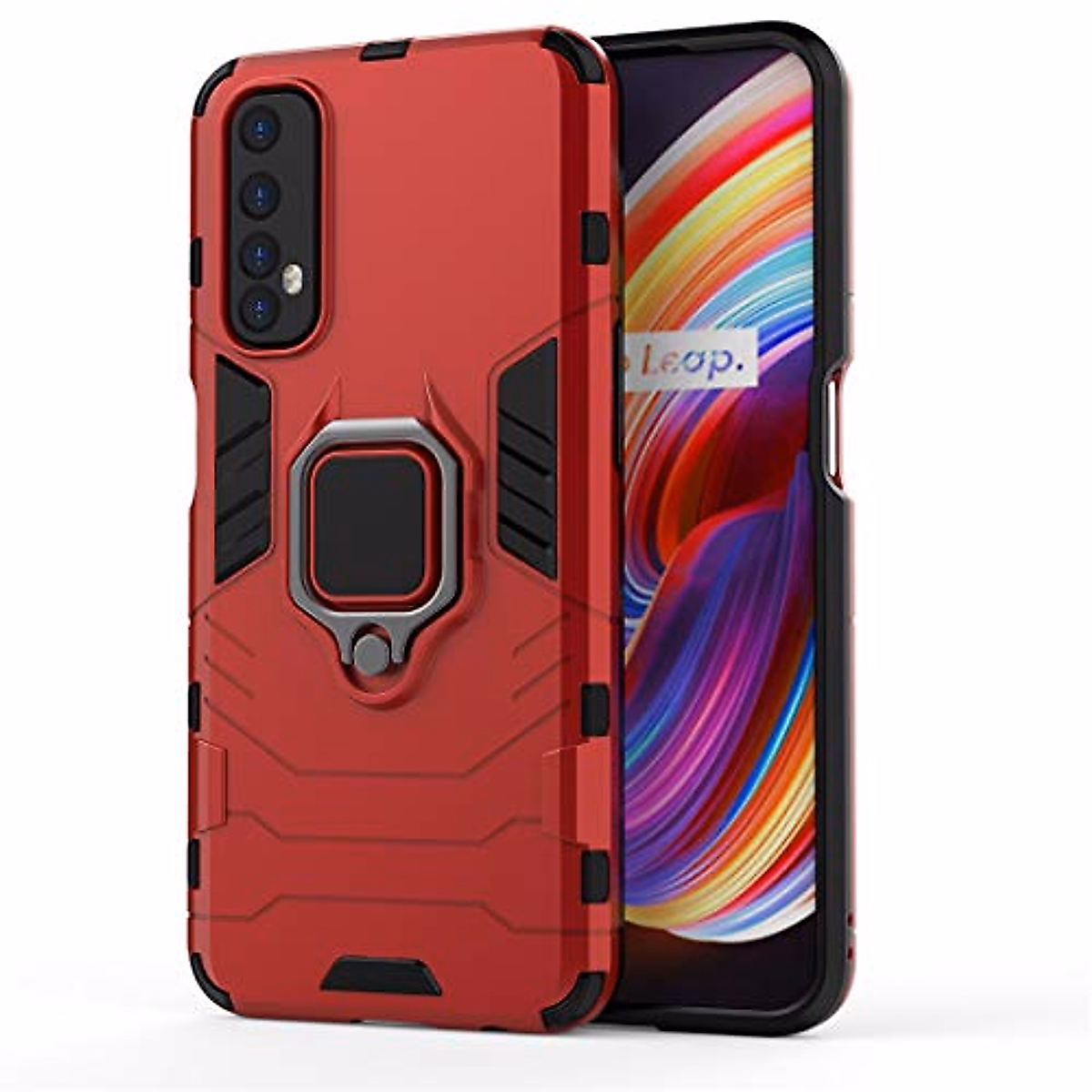 Compatible with Realme7 Case, Metal Ring Grip Kickstand Shockproof Hard Bumper (Works with Magnetic Car Mount) Dual Layer Rugged Cover for Oppo Realme 7 (Red)