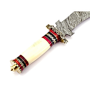 Skokie Knives Custom Damascus Steel Hunting Knife Camel Bone Handle with Brass Spacer -Handmade Premium Quality Edge Fixed Blade – For Multipurpose – Ideal for Survival Hunting Camping Hiking Outdoor Every Day Carry Professional Use Art of Craftsmanship E