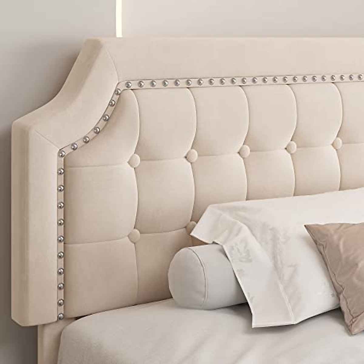 King Bed Frame with Storage and Adjustable Headboard, Bed Frame with 4 Drawers and Wooden Slats Support, No Box Spring Needed, Velvet, Beige