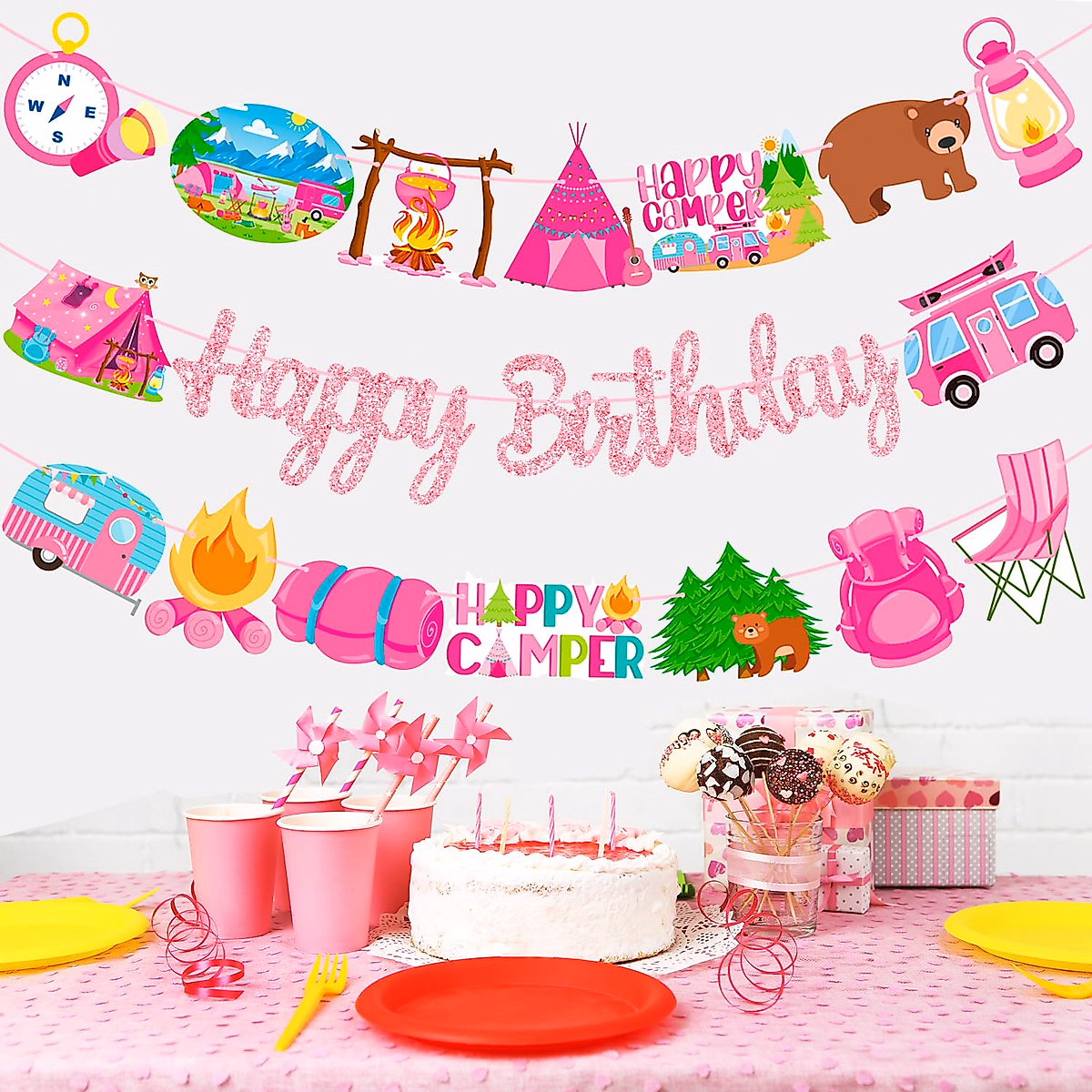 Happy Camper Birthday Party Banners Girls Camping Birthday Decorations 2PCS Happy Camper Party Decorations Camping Party Decoration for One Happy Camper Baby Shower Supplies