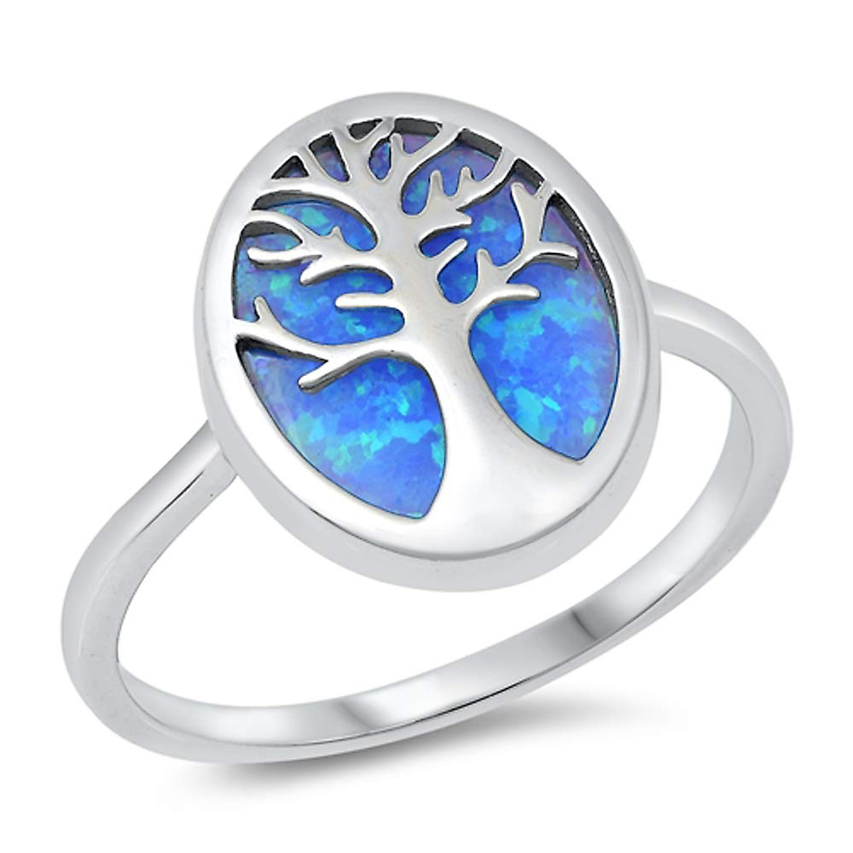 Blue Simulated Opal Tree Of Life Oval Cute Ring New .925 Sterling Silver Band Size 10