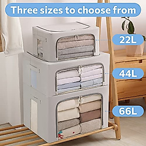 3Pack Frame Storage Box - Clothes Storage Bin Bags Oxford Fabric Foldable Stackable Container Organizer Set with Clear Window & Carry Handles Large Capacity (Grey, Large-66L)