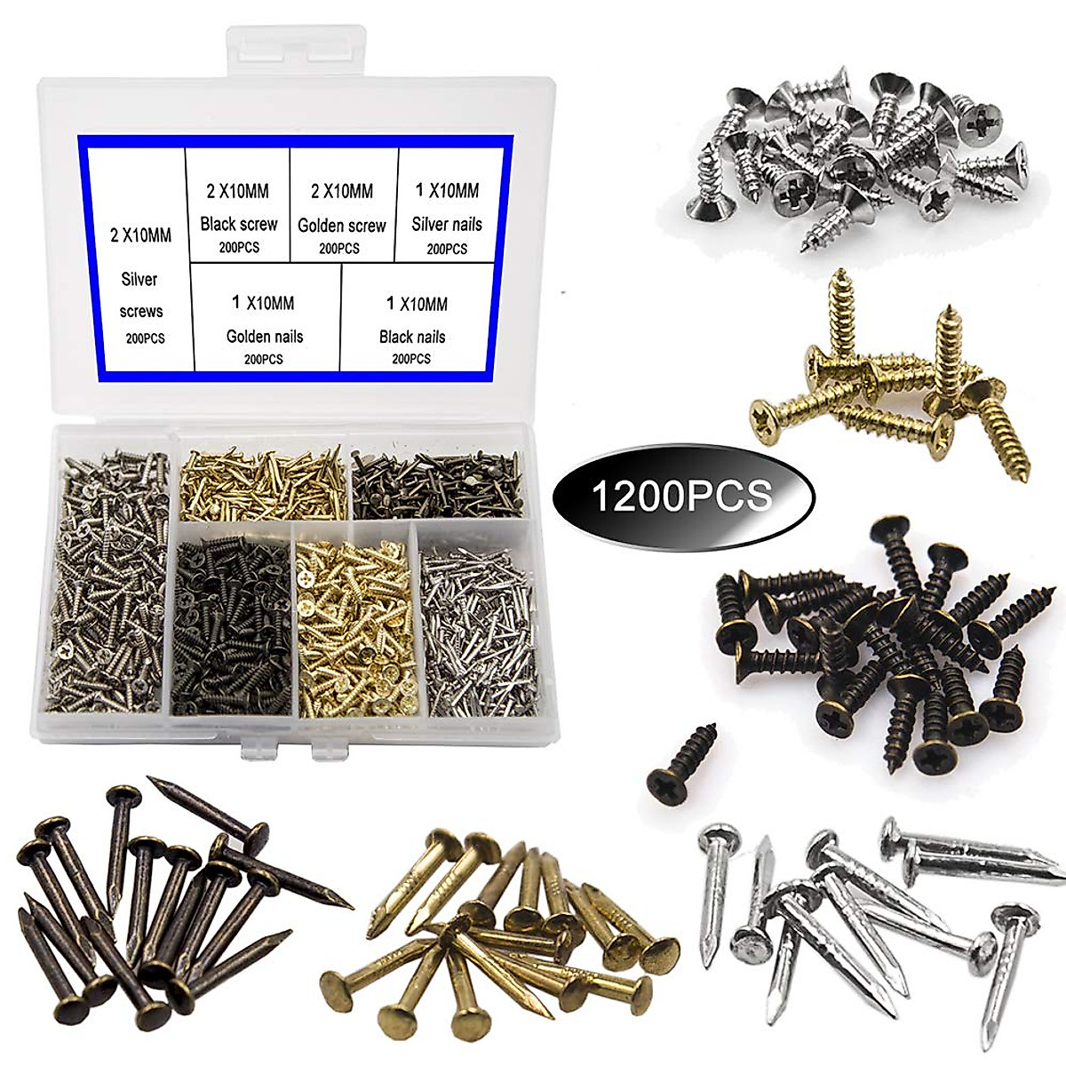 newlng 1200pcs 6 Kinds of Wood Screws Small Screws for Wood Small Hinge Screw Wood Nail Tiny Craft Screws DIY Mini Screw and Nail Small Wood Screws Assortment Kit