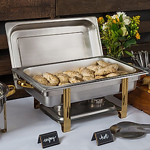TrueCraftware 8 Qt. Full Size Stainless Steel Oblong Chafing Dish Gold Accent Complete Set- Chafers and Buffet Warmer Sets for Catering Event Party Holiday Buffet Weddings Catering
