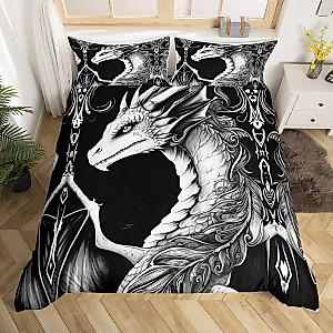 Erosebridal 3D Dragon Duvet Cover Full Vintage Gothic Bedding Set,Black and White Dragon Comforter Cover Antique Wildlife Fantasy Castle Bed Set,Mythical Animal Room Decor