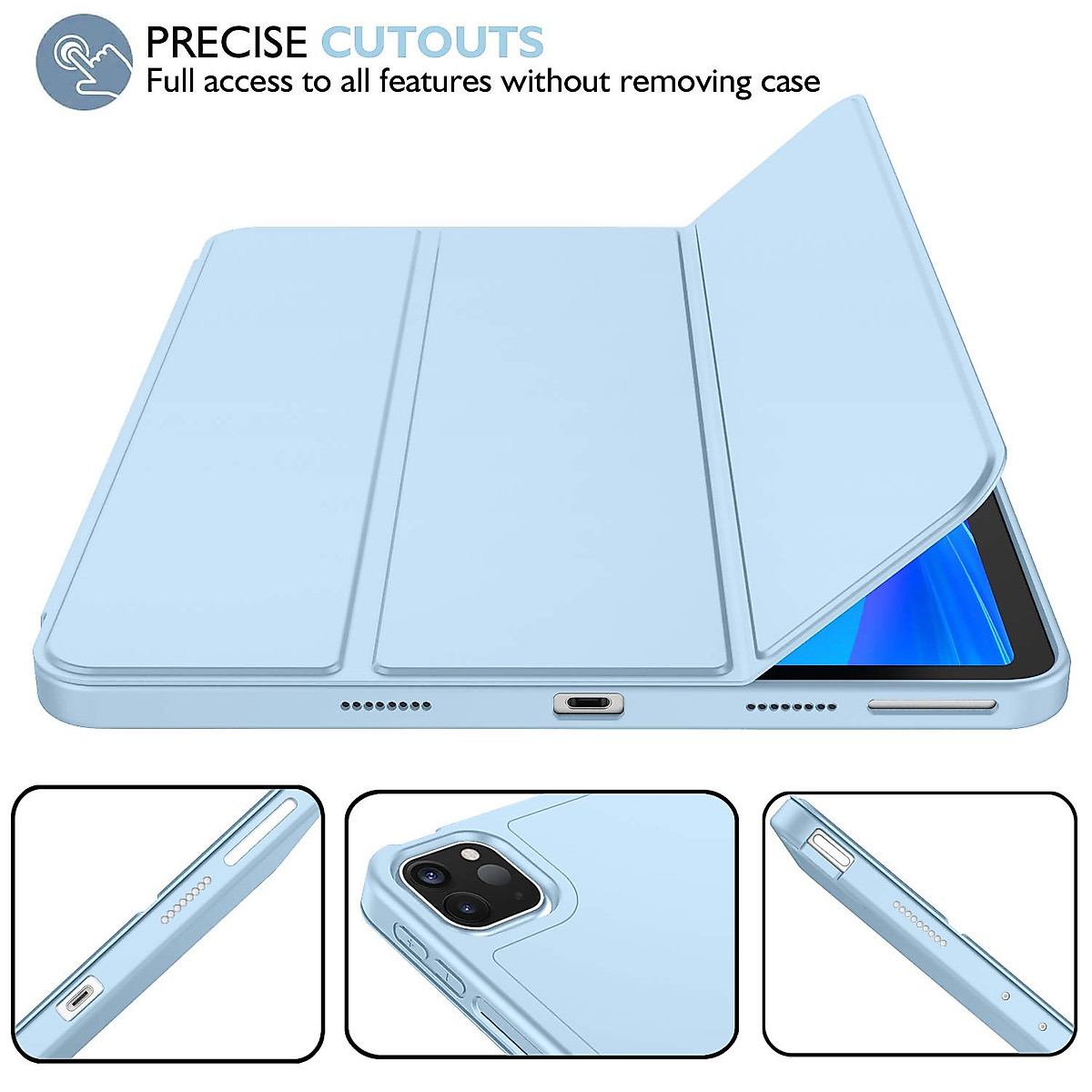 iMieet New iPad Pro 11 Inch Case 2022(4th Gen)/ 2021(3rd Gen) with Pencil Holder [Support iPad 2nd Pencil Charging/Pair],Trifold Stand Smart Case with Soft TPU Back,Auto Wake/Sleep(Sky Blue)