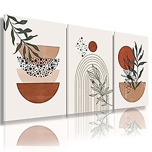 Boho Wall Art Prints, Boho Wall Decor, Mid Century Modern Wall Art, Set of 3 Prints, Abstract Geometric Prints Black Beige Terracotta Minimalist Art, Natural Framed Canvas Prints Artwork For Living Room Bathroom Bedroom Wall Decor