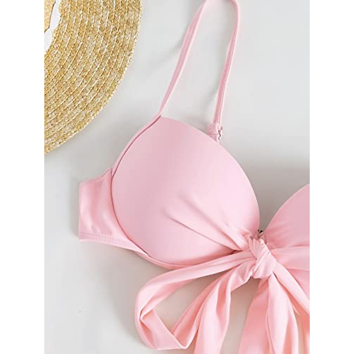 WDIRARA Women's 3 Pieces Tie Front Push Up Bikini Swimsuit with Ruched Ruffle Hem Beach Skirt Pink L